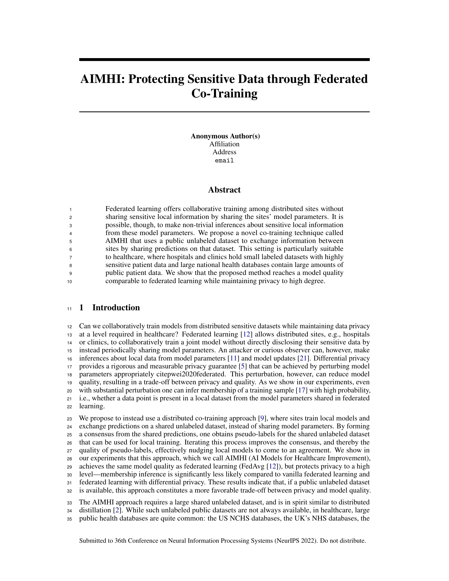 AIMHI: Protecting Sensitive Data through Federated Co-Training ...