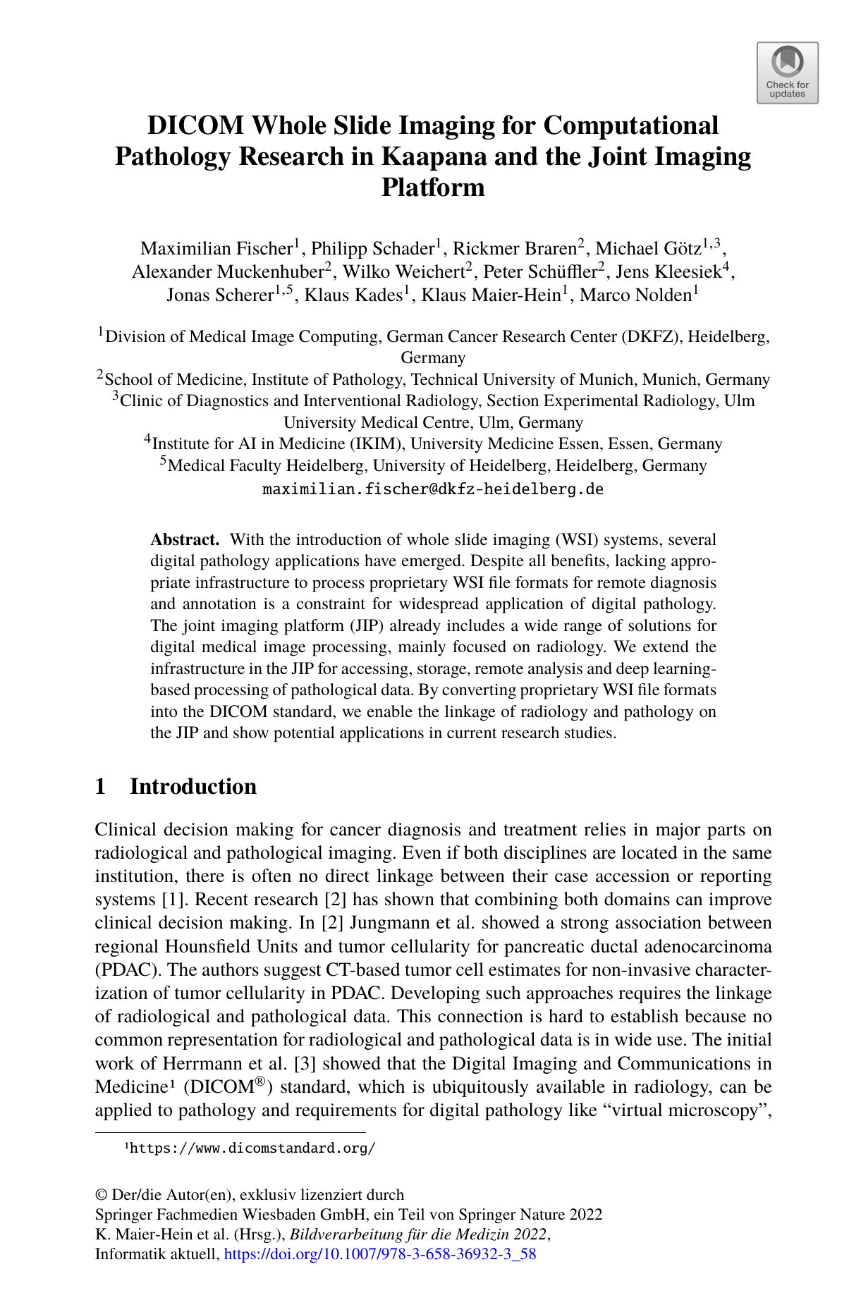 DICOM Whole Slide Imaging for Computational Pathology Research in Kaapana and the Joint Imaging ...