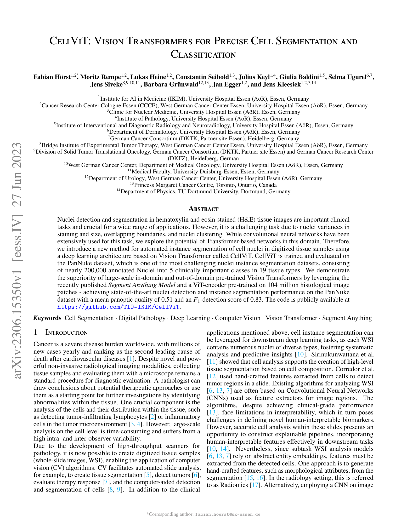 CellViT: Vision Transformers for Precise Cell Segmentation and Classification | Medical Machine ...