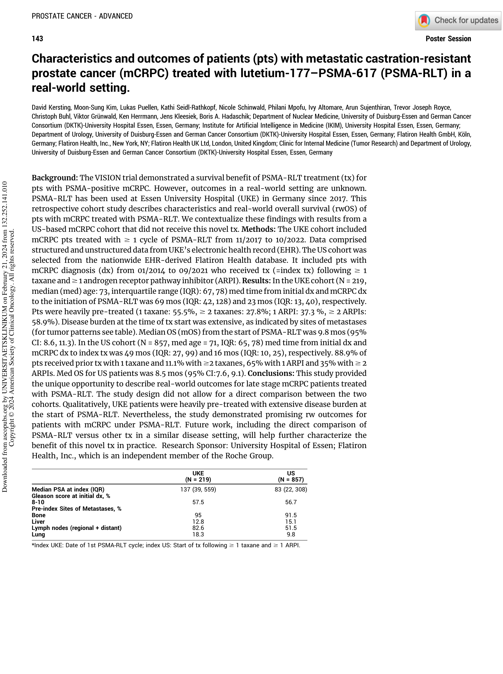 Characteristics and outcomes of patients (pts) with metastatic ...