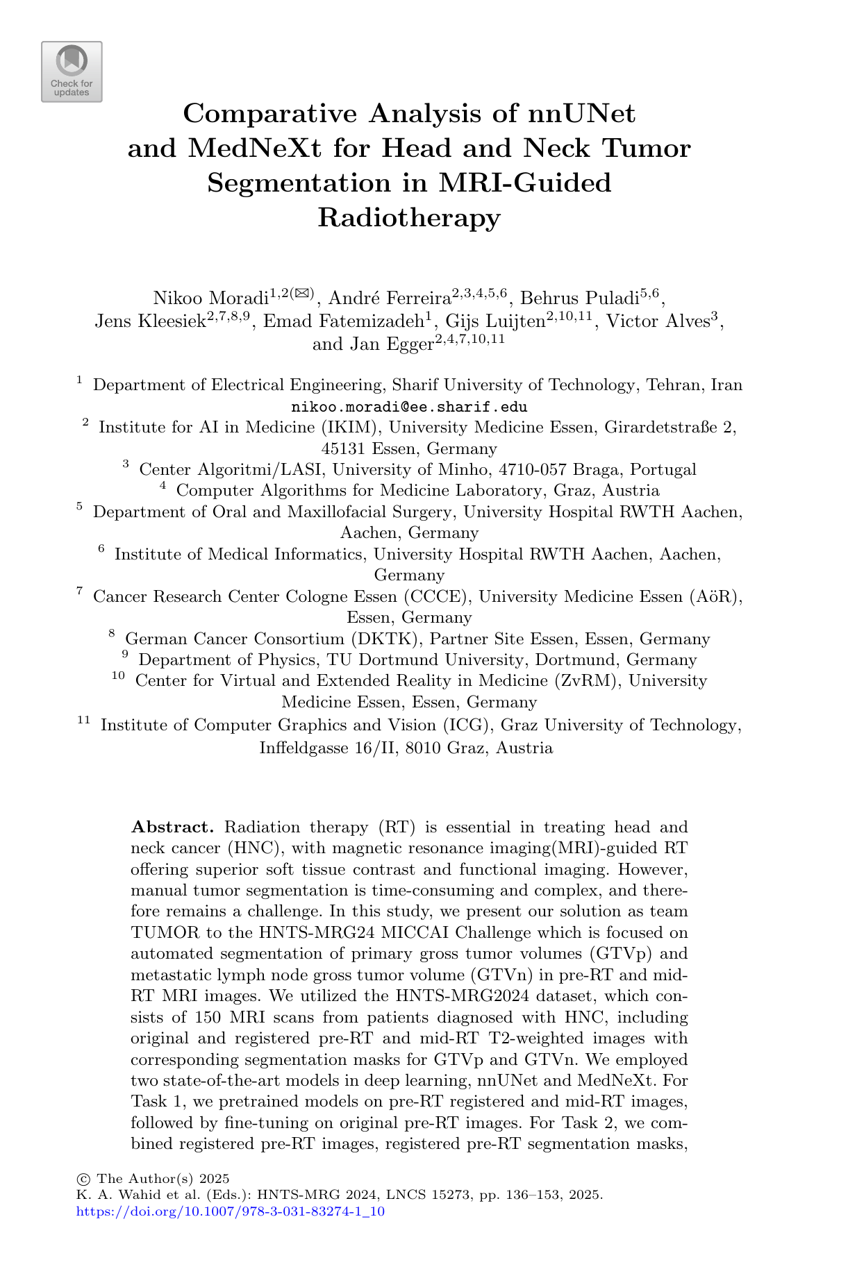 Comparative Analysis of nnUNet and MedNeXt for Head and Neck Tumor Segmentation in MRI-Guided ...